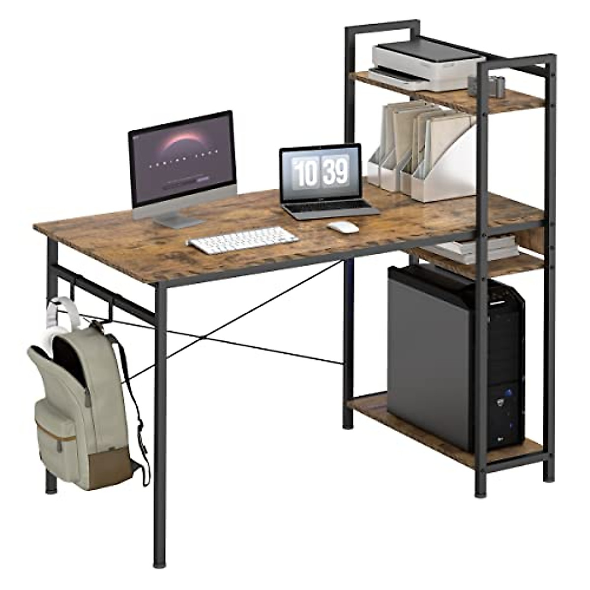 KYNEULIFE Computer Desk with Shelves,The Bookshelf is 9.5 inches Wide Home Office Desks Table 47 Inch PC Desk Bedroom Desk Work Desk Study Desk Wood Desk with Storage, Student,Rustic Brown