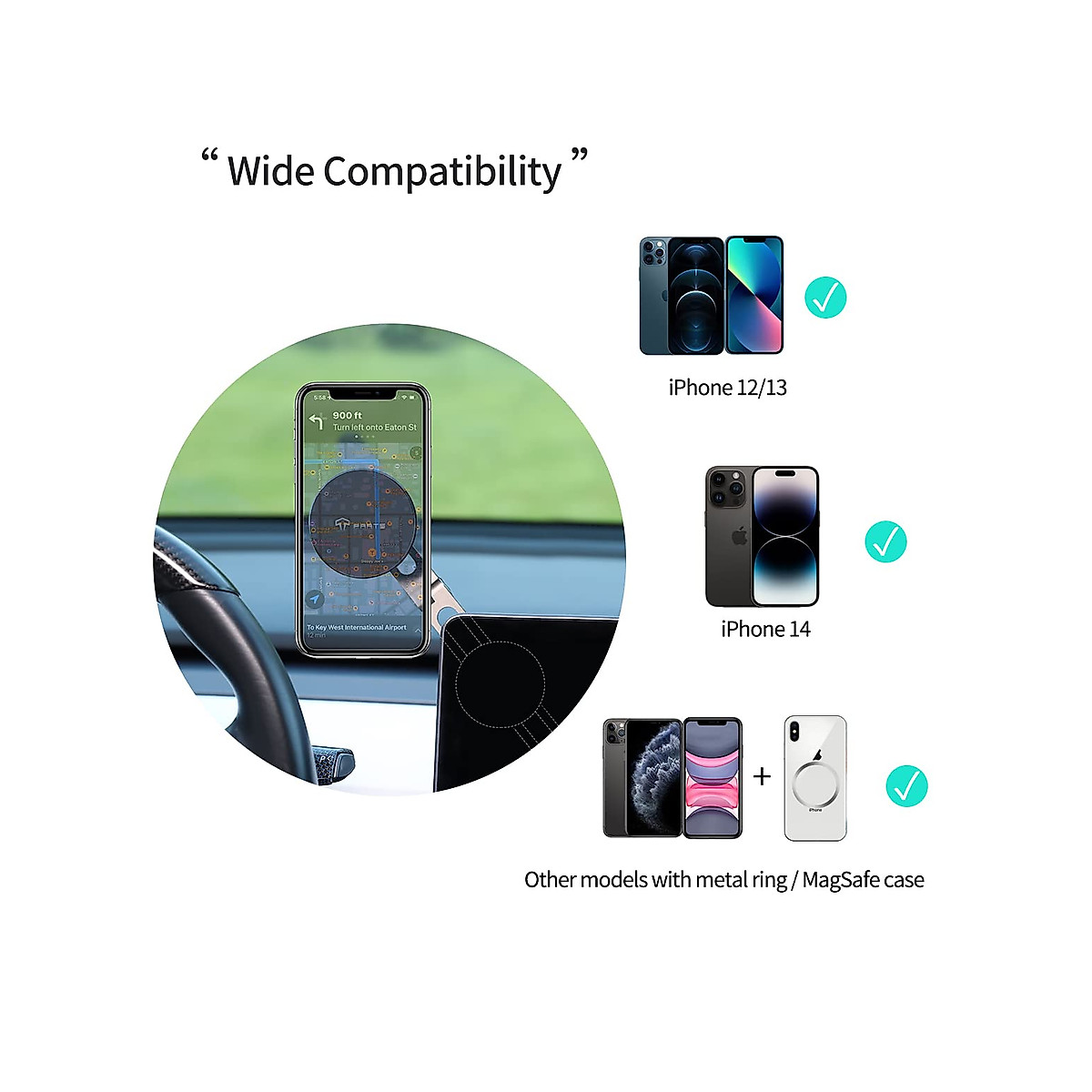 TPARTS Foldable Magnetic Car Mount, Hidden Design for Tesla Model 3/Y, Compatible with iPhone 15 Pro, 14, 13, 12, MagSafe Cases