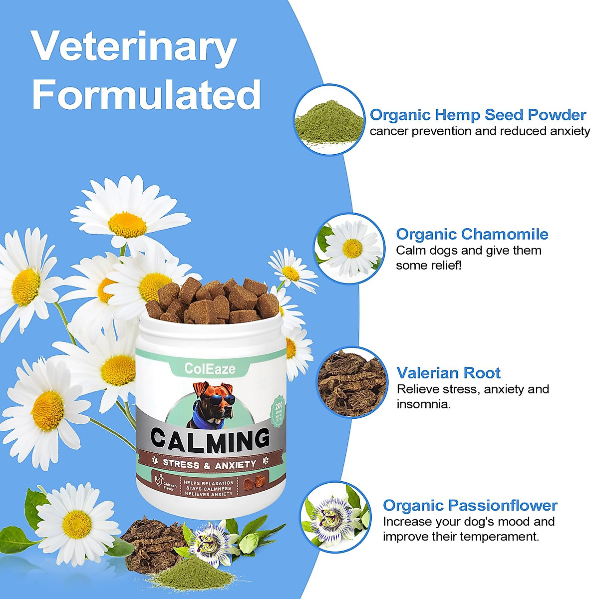 ColEaze Dog Calming Chews, 200 Count Dog Calming Treats, Anxiety Relief for Dogs, Sleep Calming Aid, Health & Wellness Supplements for Dog Separation Barking, Chicken Liver Flavor