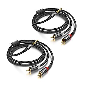 Smithok 2 Pack 3.5mm to RCA Cable,Gold Plated,Nylon Braided 1/8 Male to Male Stereo Aux Cord [Left/Right] Y Splitter Adapter for Tablets, Speakers, Smartphones, MP3, HDTV –Black (10Ft/3m)