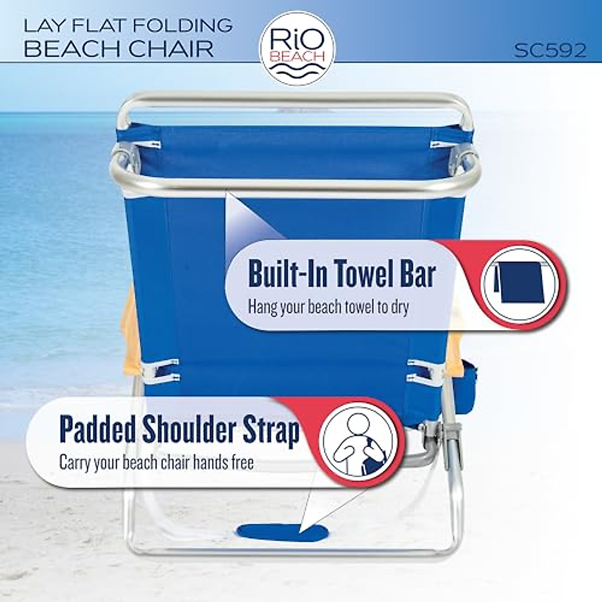 Rio Beach Classic 5-Position Lay-Flat Folding Chair, Outdoor Pool and Beach Chair with Carrying Strap and Towel Bar, Blue