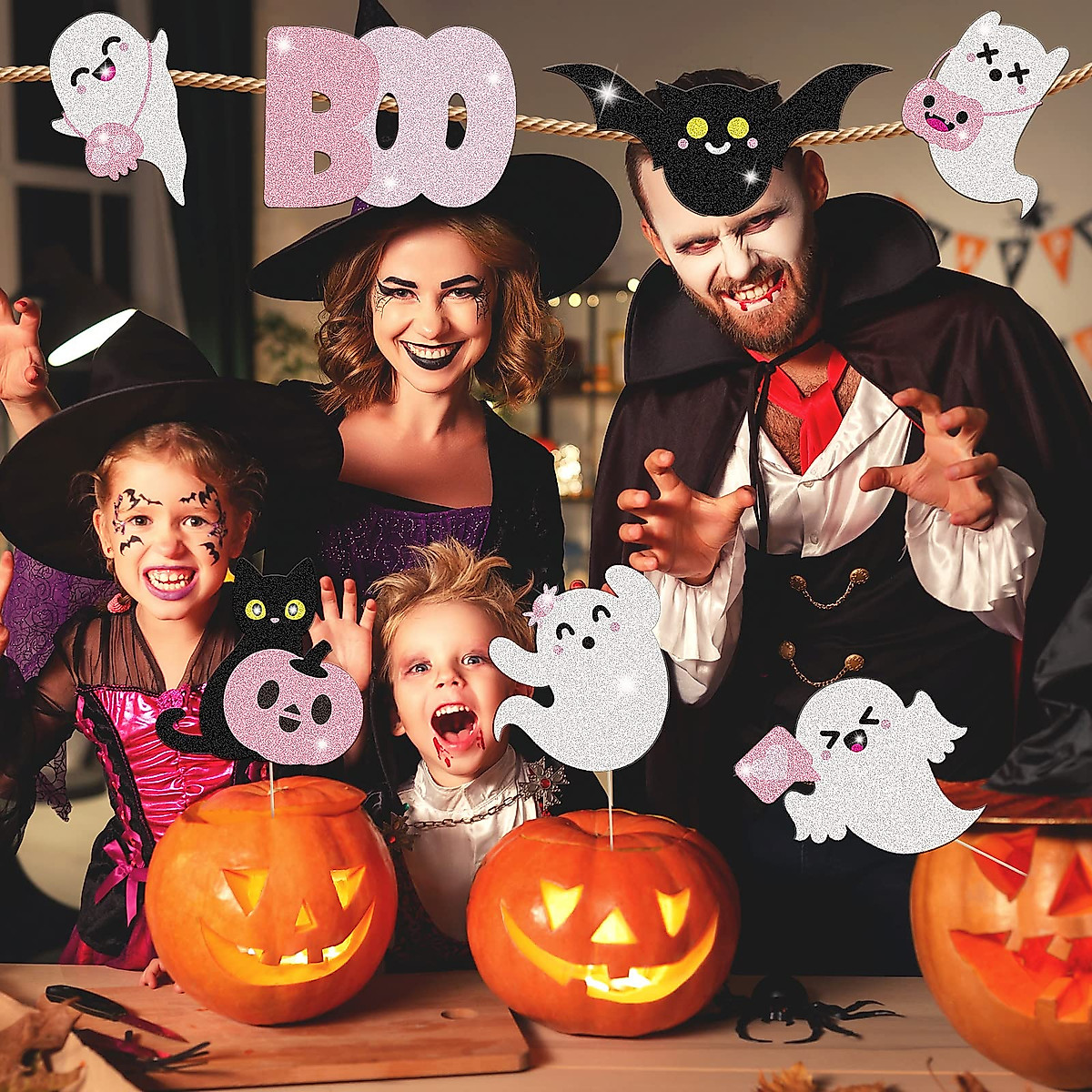 Geyee 36 Pcs Halloween Baby Shower Decorations Boo Cake Topper Ghost Tables Centerpieces Sticks Spooky Banner Decorations Halloween Centerpieces for Table Birthday Pink and Black Party Supplies