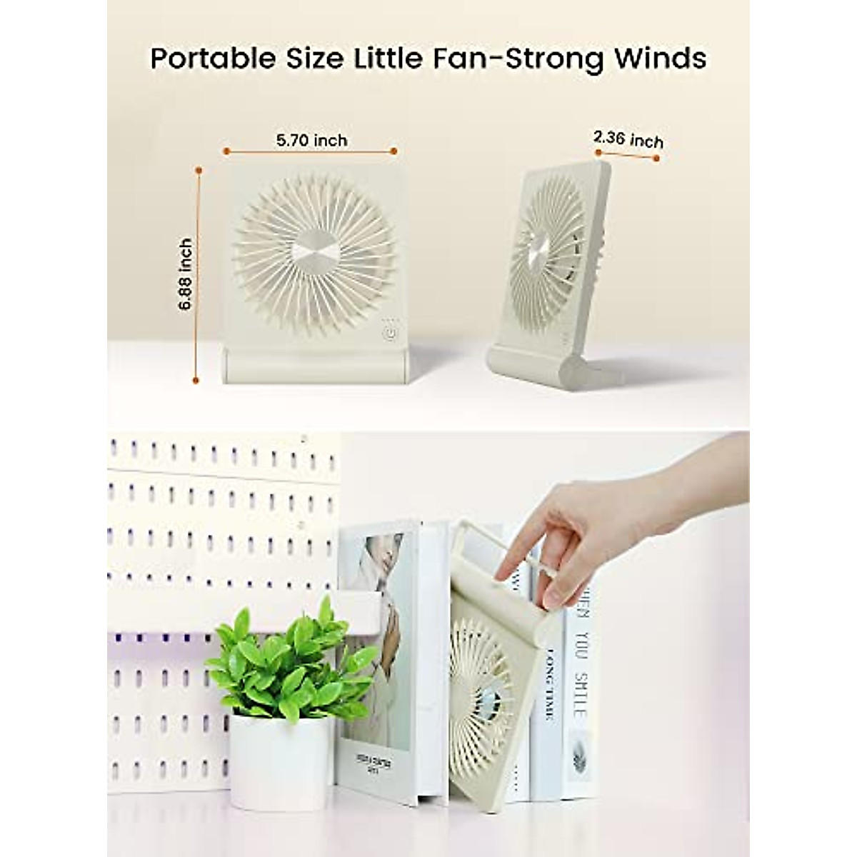 FERRISA Desk Fan, Small But Powerful, Portable Fan Battery Operated, 220° Tilt Folding Ultra Quiet Person Mini Fan, Strong Wind, 3 Speed Adjustable For Home Office Desktop Travel Camping (Beige)