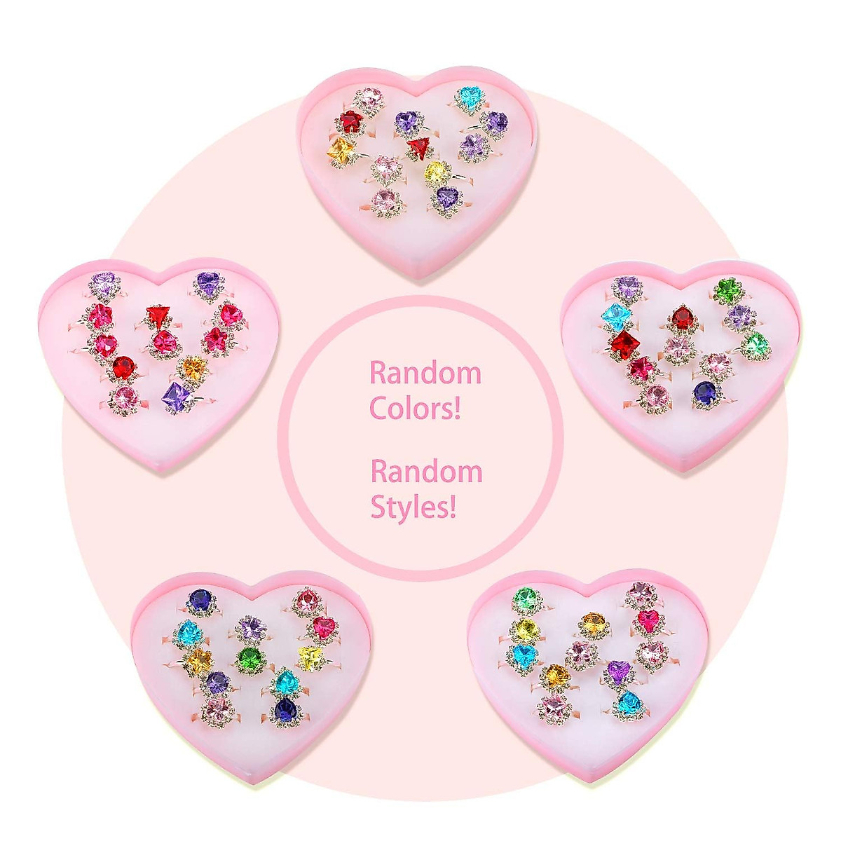 Hifot 12 pcs Girls Crystal Adjustable Rings, Princess Jewelry Finger Rings with Heart Shape Box, Girl Pretend Play and Dress up Rings for Children Kids Little Girls - Random