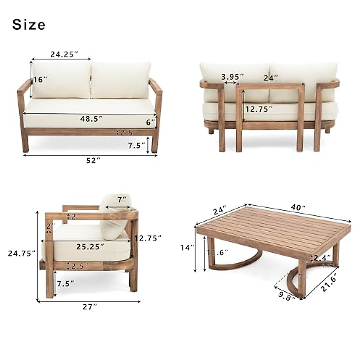 Merax 2-Piece Outdoor Acacia Wood Loveseat Sofa Couch with Coffee Table,Patio Furniture Conversation Set for Backyard