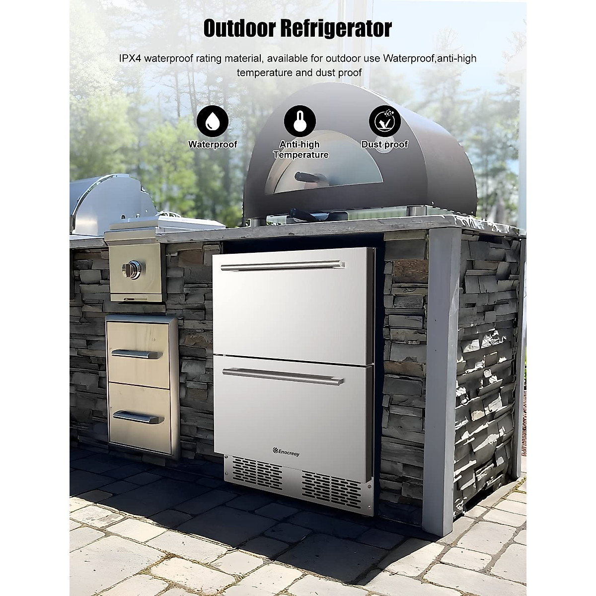 Enocreay Outdoor Drawer Refrigerator, Built-In Under Counter Drawer Fridge Beverage Cooler with Stainless Steel Door, 185 Cans Capacity with Drink Dispenser for Island Kitchen Home Bar