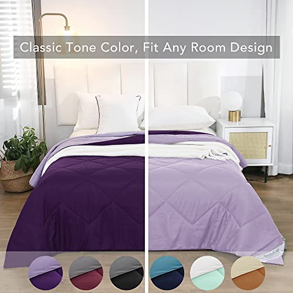 Seward Park Full/Queen Size Reversible Comforter Kids Lightweight Microfiber Fill Girls Bedding All Season Cooling Summer Bedspread Blanket Lavender Plum/Light Dark Purple