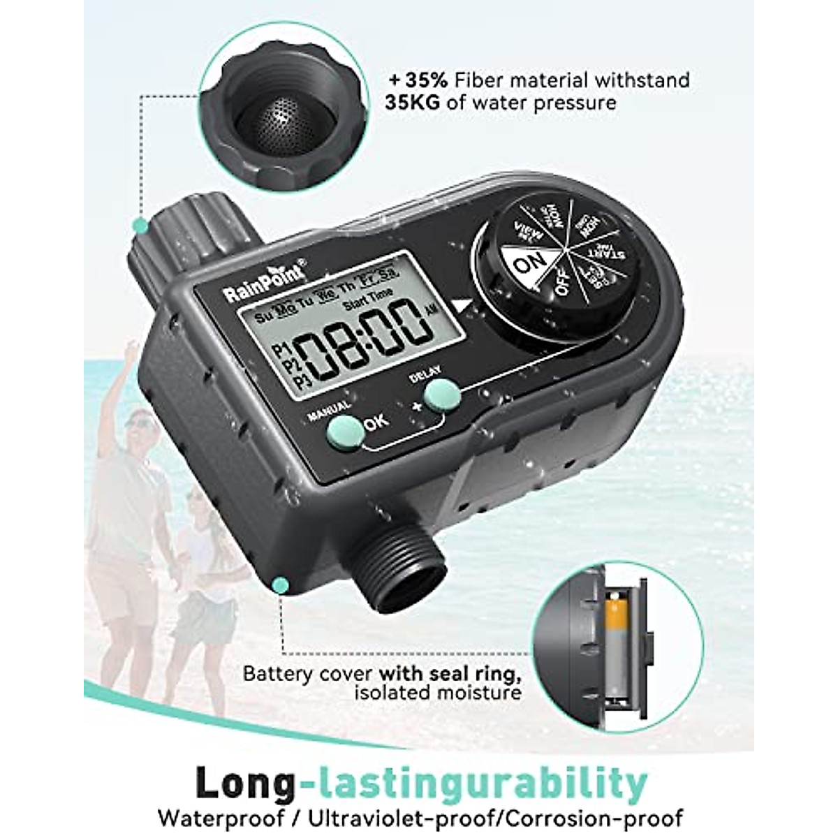 RAINPOINT Sprinkler Timer, Hose Timer with 3 Individual Programs, Water Timer for Garden Hose Faucet, Programmable Automatic/Manual Irrigation System, for Specific Days or Daily Outdoor Lawn Watering