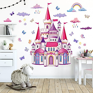 Pinenjoy Cartoon Castle Wall Decal Colorful Rainbow Clouds Butterfly Wall Stickers 39x30inch Fantasy Removable Self-Adhesive Vinyl Wall Clings for DIY Girls Bedroom Nursery Classroom Living Room