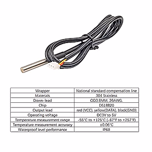 Haldzemo Waterproof 1M DS18B20 Temperature Sensor Digital Stainless Steel Tube Temp Probe 39.3" with XH2.54 Terminal Connector for Arduino (6 Pack)