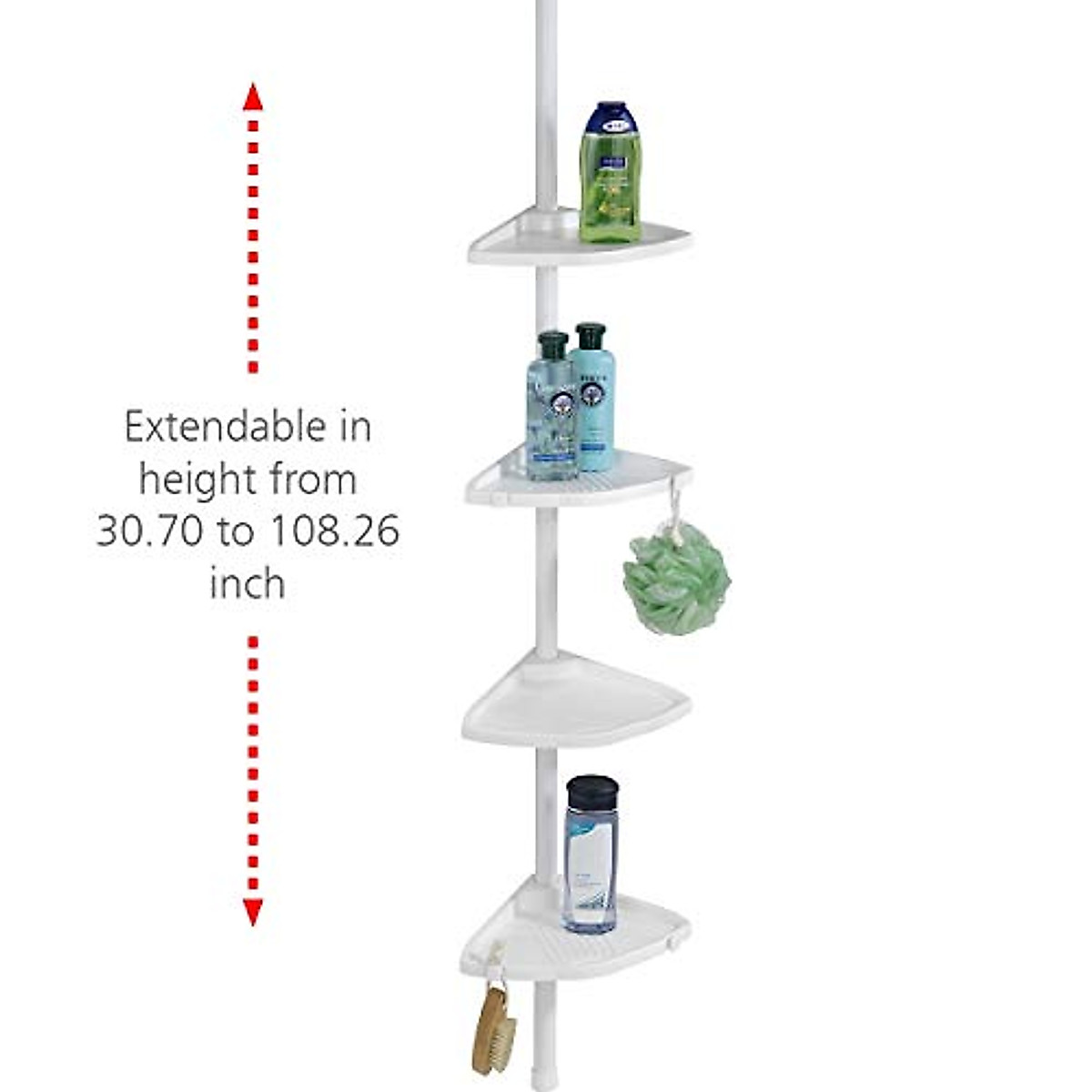 WENKO, White, Tension Pole, Caddy, Corner Shower Storage, 4 Shelves, 4 Hooks, Dimensions 10.2 x 30.7-108.3 x 7.7 108.3 x 7.7 inch