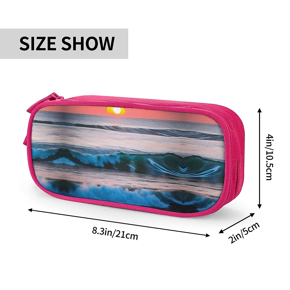 ZEEHXQ Sunset And Sunrise With Ocean Sea Waves Print Large Pencil Case Pouch With Zipper,Adults Office Stationery Travel Makeup Bag, Pink, RXZER23