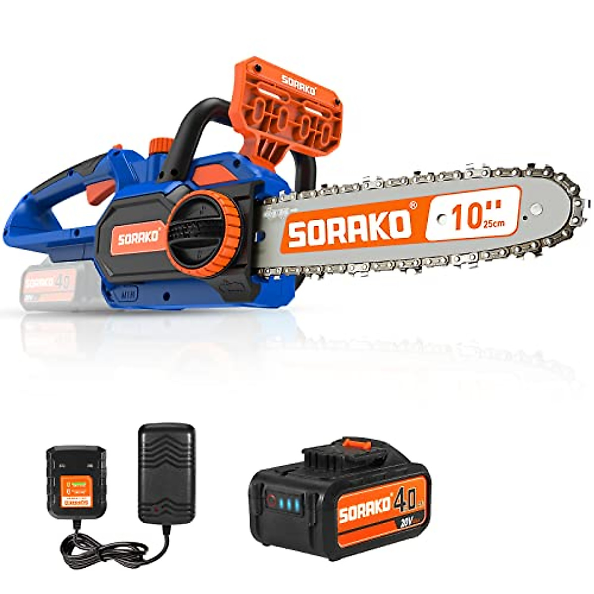 SORAKO 20V 10-Inch Cordless Chainsaw, Electric Chainsaw, Auto-Tension & Lubrication, Battery Powered Chain Saw for Trees Trimming& Wood Cutting, 4.0Ah Battery and Charger Included