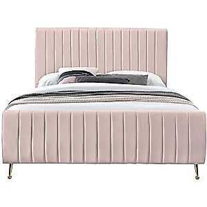 Meridian Furniture Zara Collection Modern | Contemporary Velvet Upholstered Bed with Deep Channel Tufting and Custom Gold Legs, King, Pink