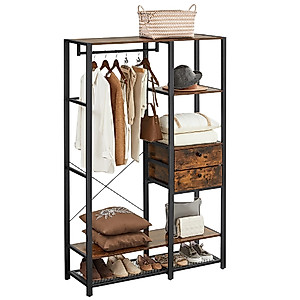 VASAGLE Free Standing Closet Organizer, Clothes Rack, Closet Organizer and Storage Shelves, Hanging Rod, 2 Drawers, Industrial Style, Rustic Brown and Black URGR001B01