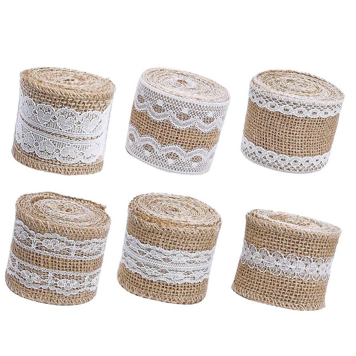 Livder 6 Rolls 2 Inch Width Natural Jute Burlap Ribbon with White Lace for DIY Home Decoration, Wedding Party and Gift Packaging
