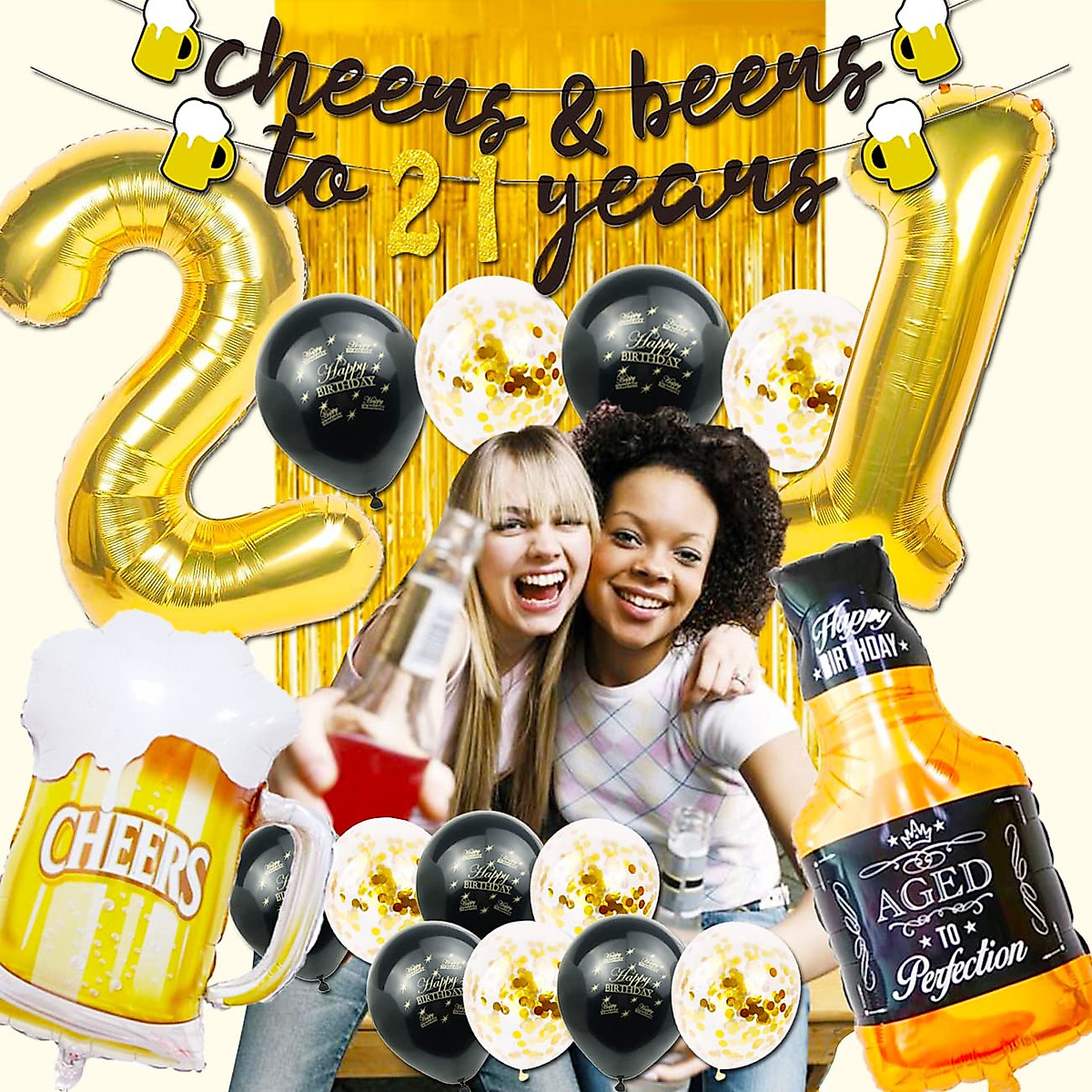 21st Birthday Decorations for Him, 21st Birthday Decorations with 40 Inch Gold 21 Number Balloons, Cheers to 21 Years Banner,Fringe Curtains and Cups Foil Balloons