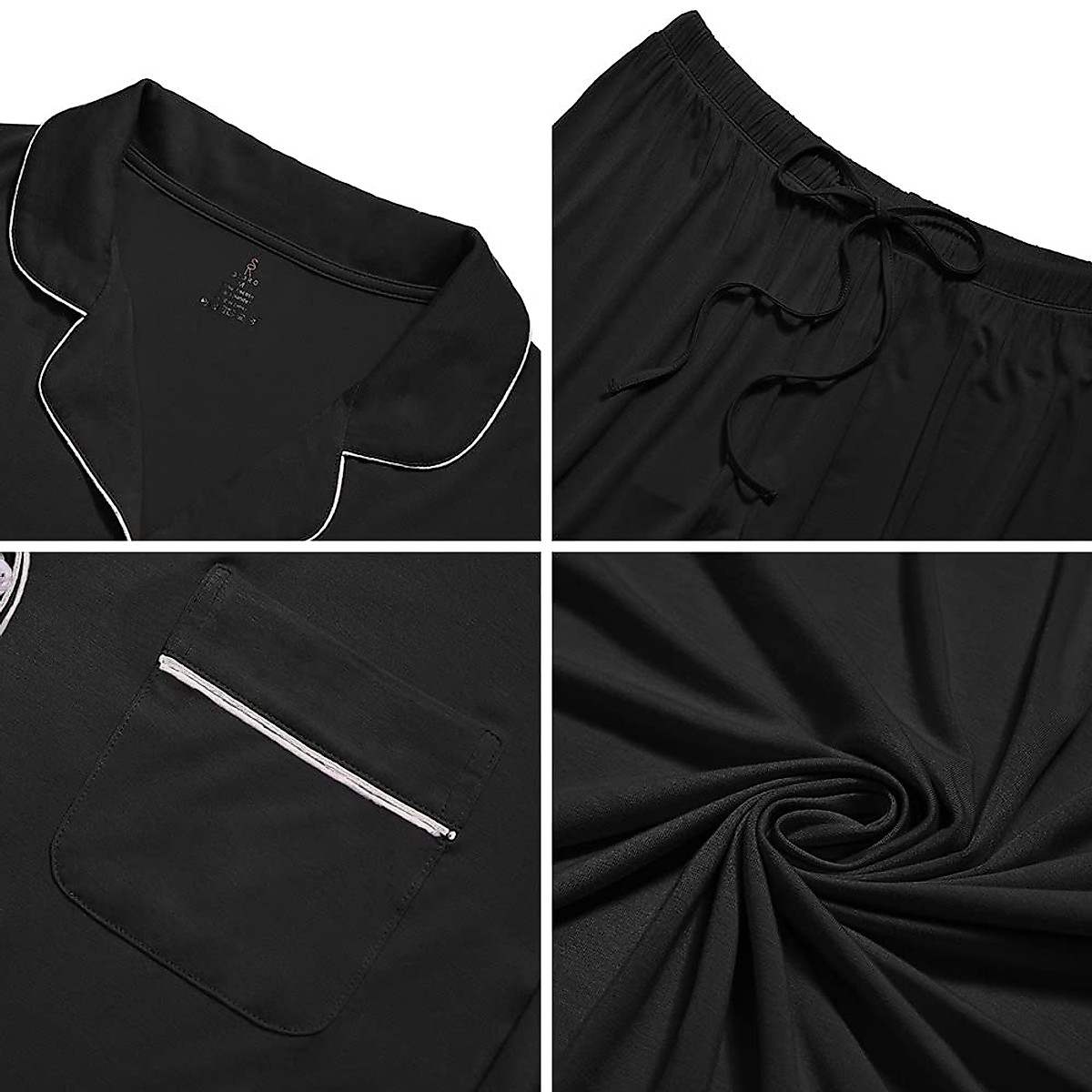 SIORO Womens Pajamas Set Long Sleeve, Button Down Cotton Pj Sets For Women Soft Nightwear,Black With White Piping, Small