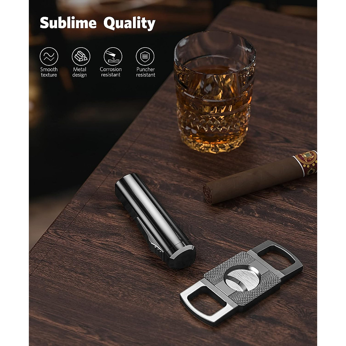 RONXS Cigar Lighter and Cutter Set, Adjustable Jet Flame Torch Lighter and Cigar Cutter, Windproof Cigarette Lighters, Great Gift Idea for Father's Day and Birthday (Butane Gas Not Included) (Black)