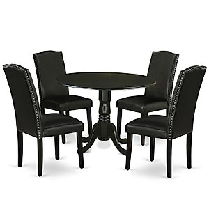 East West Furniture DLEN5-BLK-69 5 Piece Dining Room Furniture Set Includes a Round Dining Table with Dropleaf and 4 Black Faux Leather Upholstered Chairs, 42x42 Inch, Black