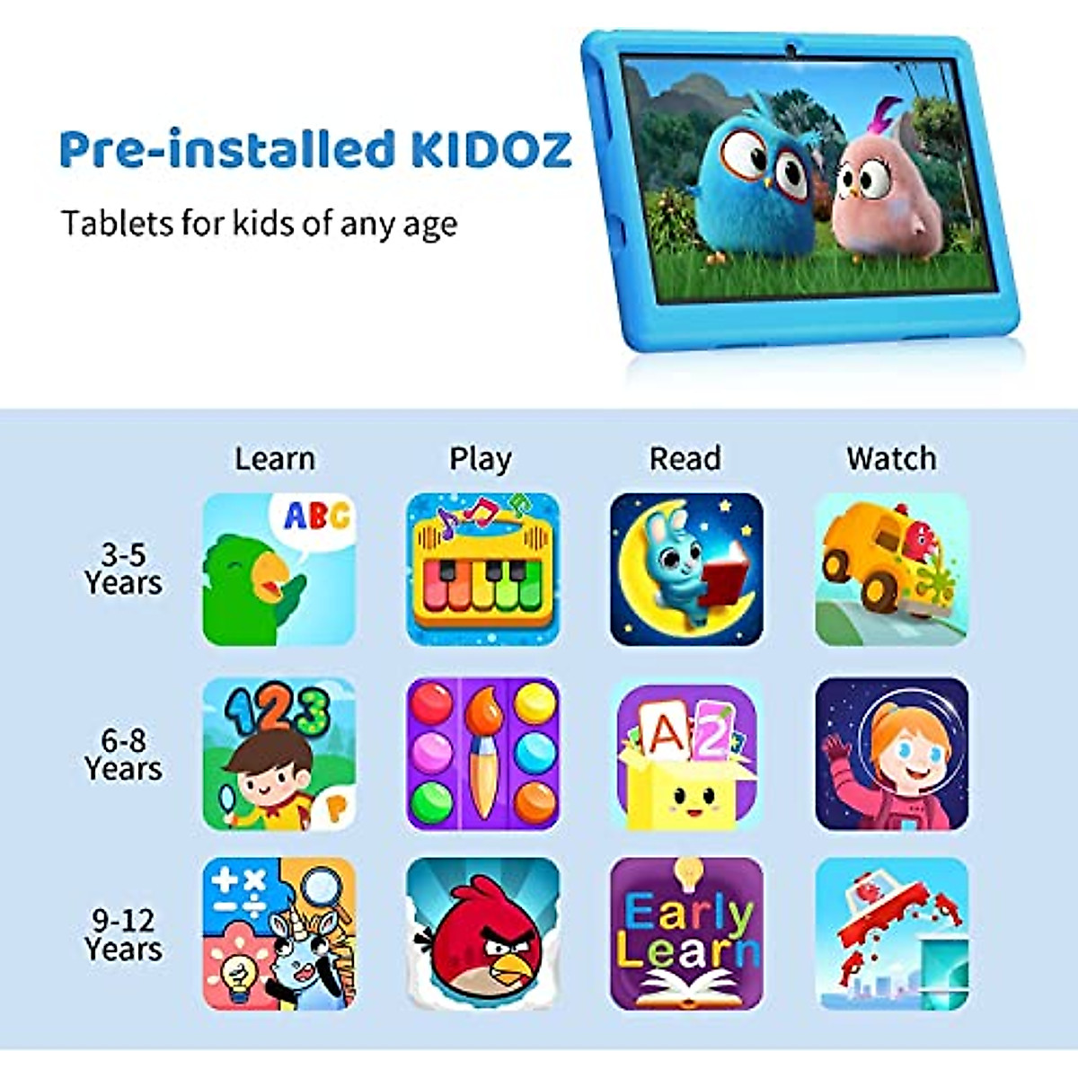 HiGrace Kids Tablet 10 inch, Android 12 Quad core Tablet for Kids (Ages 3-12), 5000mAh, 32GB ROM, Dual Camera, WiFi, Parental Control, Kid-Proof Case-Blue
