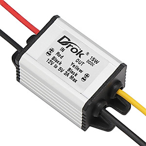 DROK Micro Electric DC Buck Volt Converter DC-DC 6.3-22V 12V to 5V 3A 15W Car Auto Vehicle Power Supply Module Step-Down Voltage Transformer Volt Regulator Inverter Board Waterproof