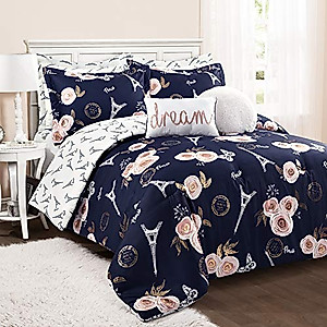 Lush Decor Navy Vintage Paris Rose Butterfly 7-Piece Comforter Bed Set, Reversible Bedding (Full/Queen)