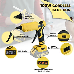 Cordless Glue Gun, for DeWalt Dual-Power Hot Glue Gun, Fast Heating 100°C-200°C Temp Adjust LCD Digital Display with Plug, 10Pcs 11mm Full Size Glue Sticks for Arts&Crafts&DIY(Tool Only)