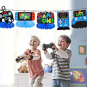 Video Game Honeycomb Centerpieces 12Pcs Game Party Table Centerpieces Blue Video Game Birthday Decorations Game Theme Party Table Decoration for Game On Baby Shower Supplies