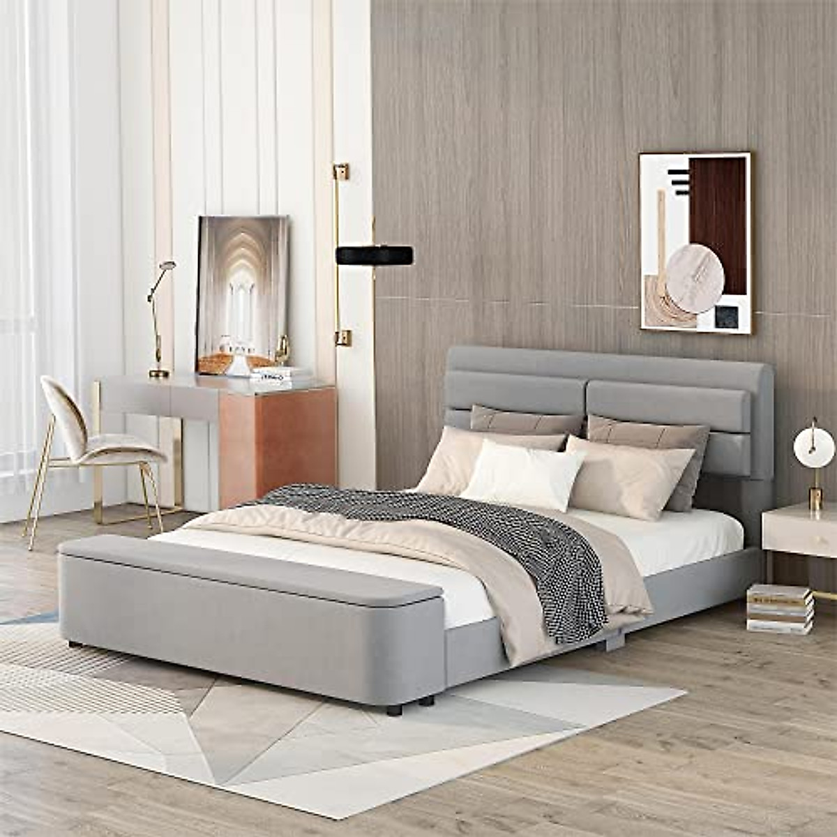 TARTOP Queen Size Upholstered Bed with Storage Headboard and Footboard, Velvet Queen Platform Bed Frame, Wood Support Legs, No Box Spring Needed,Gray