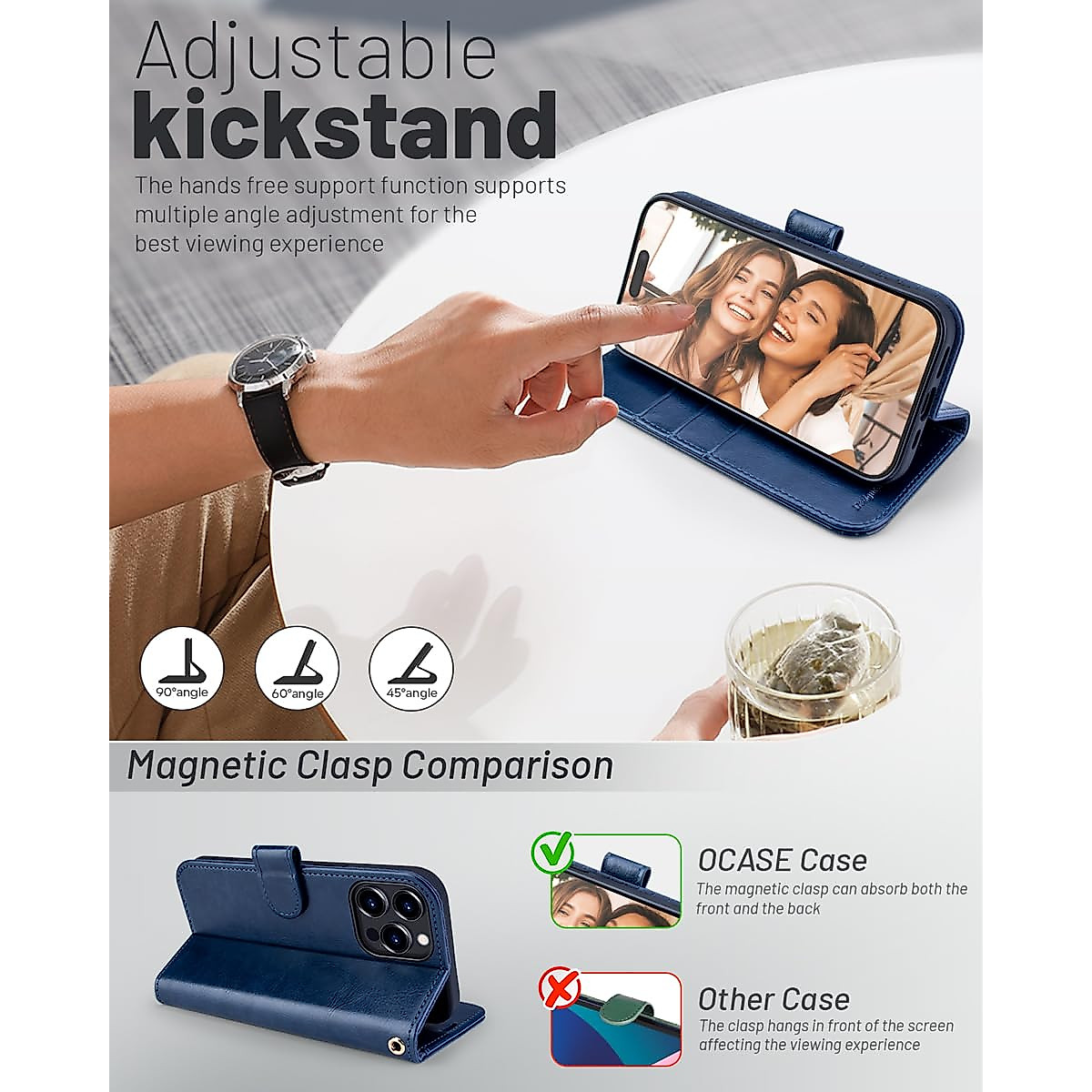 OCASE Compatible with iPhone 15 Pro Max Case Wallet Case, PU Leather Flip Folio Case with Card Holders RFID Blocking Kickstand Shockproof Phone Cover 6.1 Inch 2023, Blue