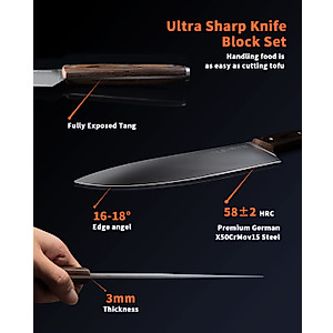 YOLEYA Kitchen Knife Set, 15PCS Chef Knife Sets for Kitchen with Block Wooden Triple Rivets German High Carbon Stainless Classic Style Full Tang