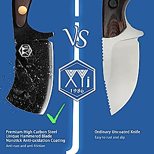 XYJ Authentic Since1986,Camping Pocket Knife With Leather Sheath,Stainless Steel Outdoor Chef Knives,Full Tang Camp Utility Knife,Black Small Portable Cutter (Style 4)
