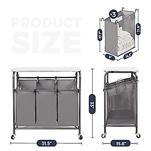 STO STO Laundry Sorter 3 Section with Ironing Board, 3 Bag Laundry Hamper with Folding Table, Laundry Basket with Heavy Duty Lockable Wheels and Removable Bag for Clothes Storage, Gray