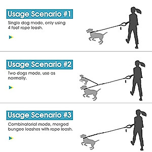 BAAPET Double Dog Leash, 4 FT Rope Dog Leash with Tangle Free Shock Absorbing Bungee and Poop Bags for Dual Small Medium Large Dogs (Medium/Large, Blue)