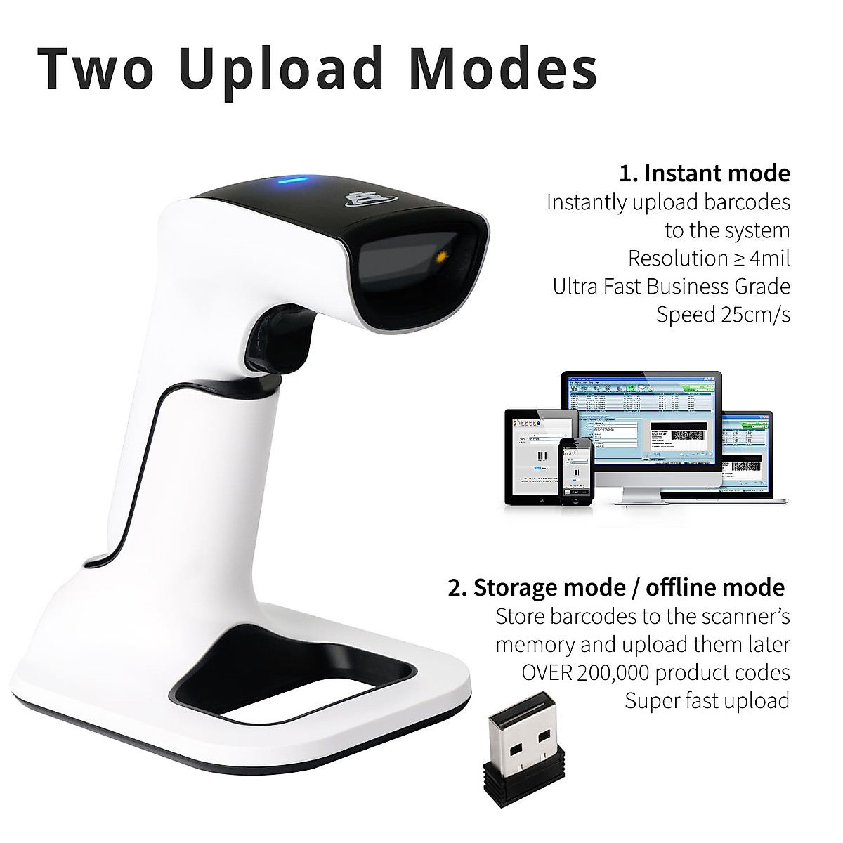 ScanAvenger Wireless Portable 1D&2D with Stand Bluetooth Barcode Scanner: Hand Scanners 3-in-1 Vibration, Cordless, Rechargeable Scan Gun for Inventory - USB Bar Code/QR Reader (with Next Gen Stand)