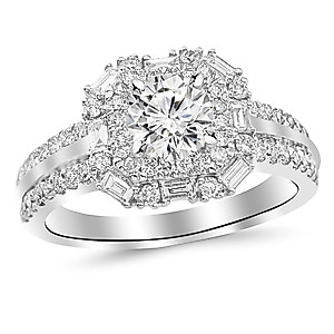 1.75 Ctw Radiant Cut Double Row Baguette and Round Halo 14K White Gold Diamond Engagement Ring (H-I Color I1-I2 Clarity 1 Ct Center)