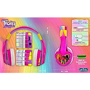 eKids Trolls Band Together Bluetooth Headphones for Kids, Wireless Headphones with Microphone includes Aux Cord, Volume Reduced Kids Foldable Headphones for School, Home, or Travel