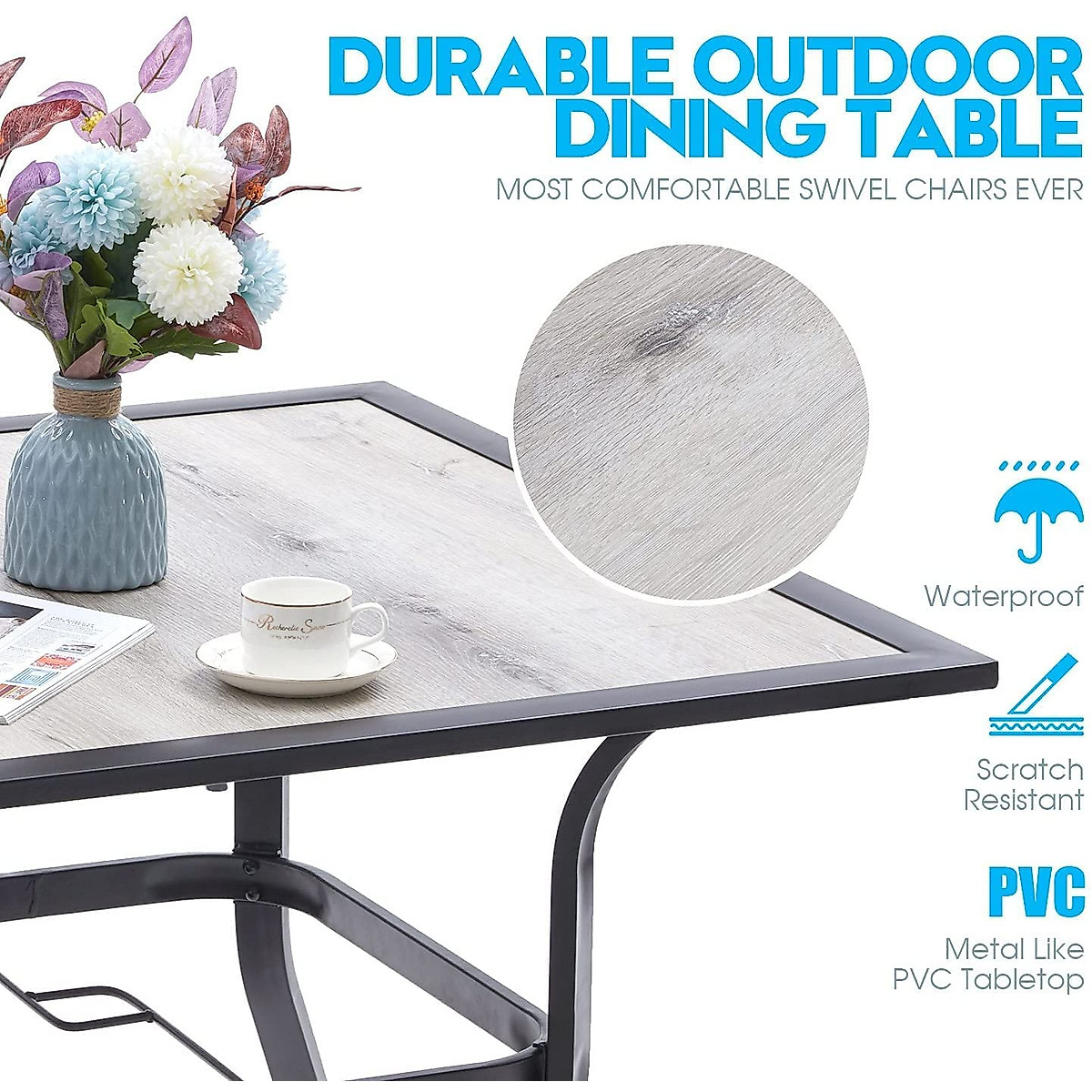 VICLLAX Outdoor Patio Metal Dining Table with Umbrella Hole- Outdoor Patio Garden Furniture (4 Seats, Grey)