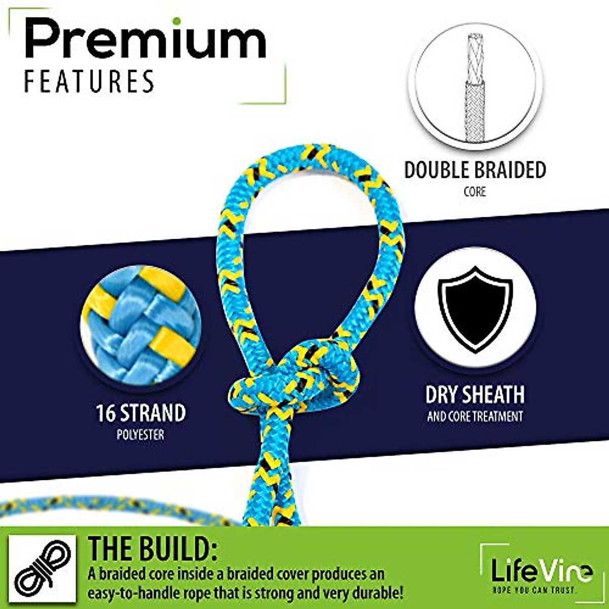 Arborist Tree Rope, Bull Rope, Static Rope, Tree Rope, 18KN, 16 Strand, 1/2 Inch Diameter, 150 Foot, Double Braided, Blue, Black, & Yellow