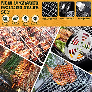 Grill Basket,11pcs Rolling Grill Baskets For Outdoor Grill With Barbeque Grilling Accessories,Stainless Steel Barbecue Folding Grill Basket With Handle,Brush,Portable Bbq Camping For Fish,Shrimp,Vegetables,Birthday Gifts For Men Dad