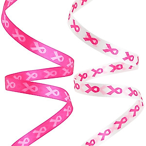 10 Yards Breast Cancer Awareness Ribbon, 2 Rolls of 3cm Pink Craft Grosgrain with Delicate Satin Feel for DIY Crafts, Hair & Party Decorations - White & Pink with Pink Ribbon Design
