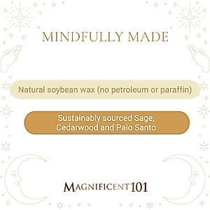MAGNIFICENT 101 Affirmations Sage, Cedar, Palo Santo, Sprinkle of sage Leaves Smudge Candle for House Energy Cleansing, Banishes Negative Energy - Soy Wax Tin Candle (I Align with Abundance)