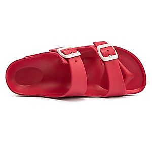 FUNKYMONKEY Women's Comfort Slides Double Buckle Adjustable EVA Flat Sandals (6 M US-Women, Red)