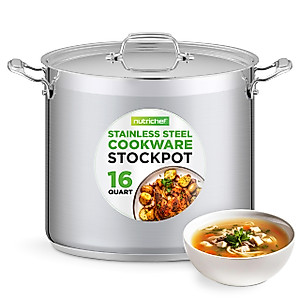 NutriChef 16-Quart Stainless Steel Stockpot - 18/8 Food Grade Heavy Duty Large Stock Pot for Stew, Simmering, Soup, Includes Lid, Dishwasher Safe, Works w/Induction, Ceramic & Halogen Cooktops
