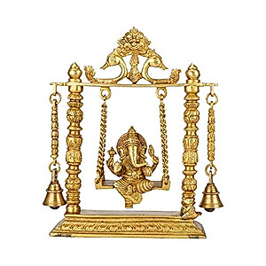 Brass Ganesh Jhula Hanging Bells with Chain & Kirtimukha Idol Ganesha Swing Statue