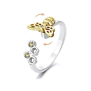 Cute Bee Fidget Spinner Rings for Women Sterling Silver Plated Anxiety Rotate Freely Inspirations Stress Relief Adjustable Open Ring Yellow Cubic Zirconia Lovely Animal Honeycomb Eternity Promise Statement Fashion Jewelry Gifts Birthday (Style 2)