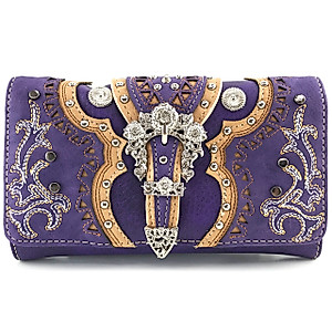 Justin West Concealed Carry Western Silver Flower Buckle Laser Cut Embroidered Triple Layer Studded Crossbody Trifold Wallet (Purple Trifold Wallet ONLY)