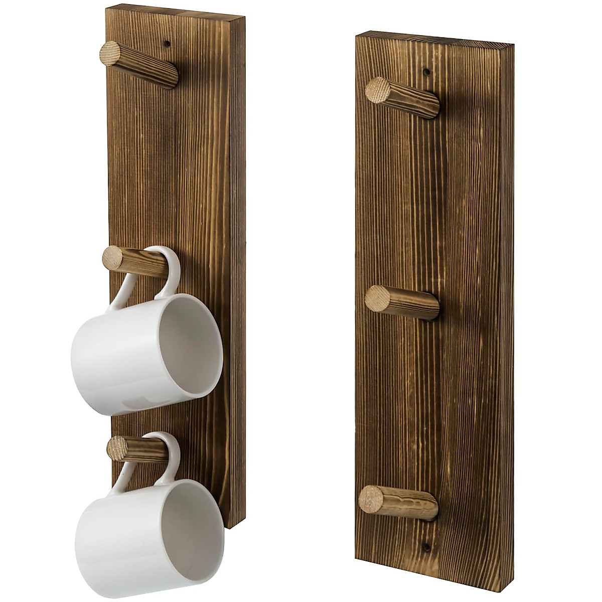 MyGift Wall Mounted Wooden Mug Rack - 3 Hook Rustic Burnt Wood Teacup Mug Storage Organizer, Set of 2