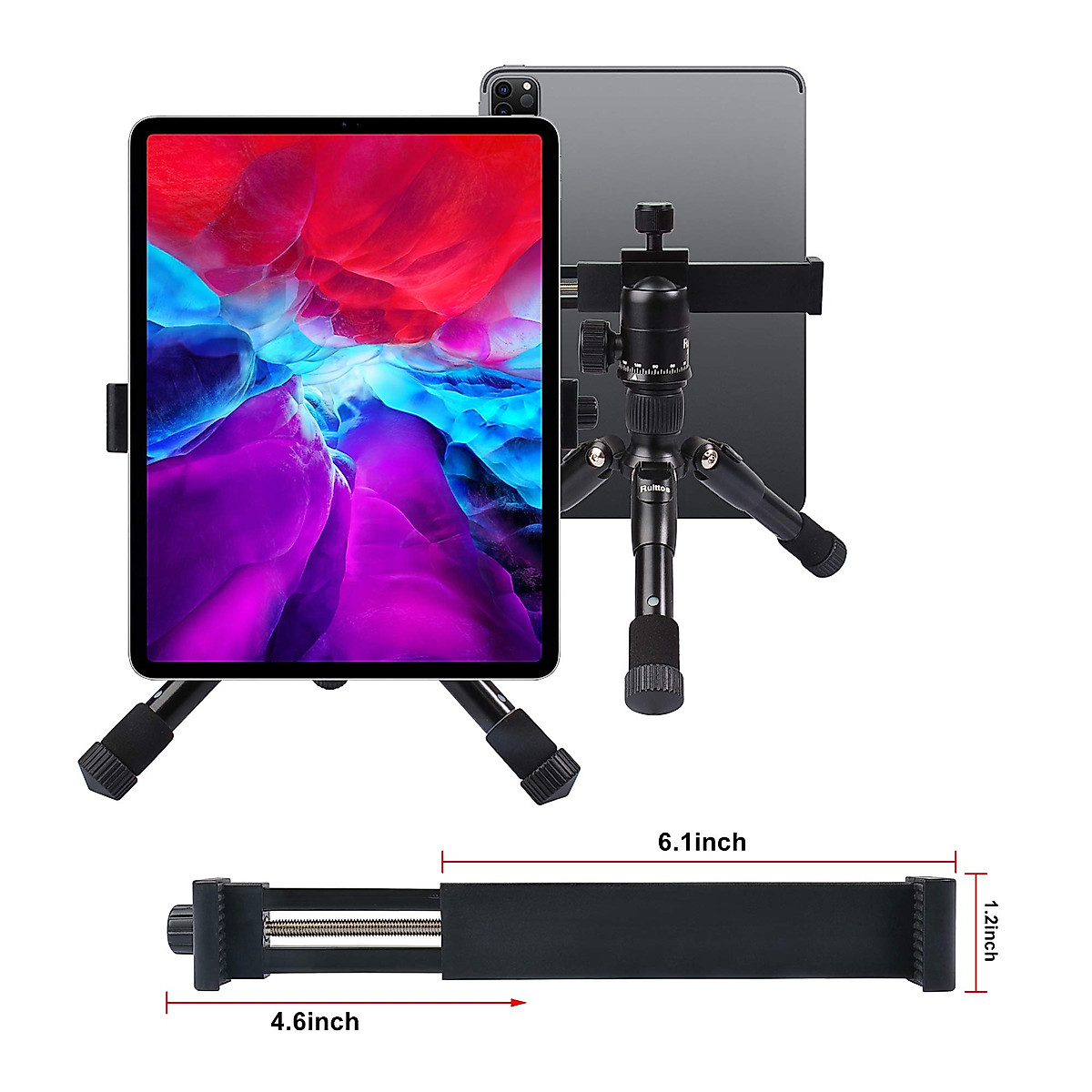 iPad Holder, Tablet Tripod Mount Adapter and Camera Shutter 6.3-9.25 inches Adjustable Vlog Clamp Compatible with iPad Mini iPad 2/3/4, Air/Air2, iPad Pro Microsoft Surface Samsung Tab A10 Fire